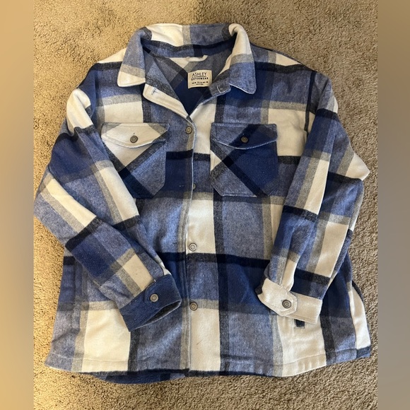 Tops | Bluecream Plaid Flannel Shacket Size Xl | Poshmark